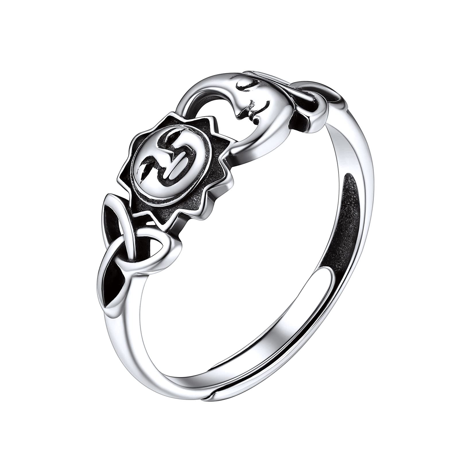 ChicSilver 925 Sterling Silver Sun Moon Universe Faces Ring Vintage Dainty Irish Celtic Trinity Knot Band Ring for Women Adjustable