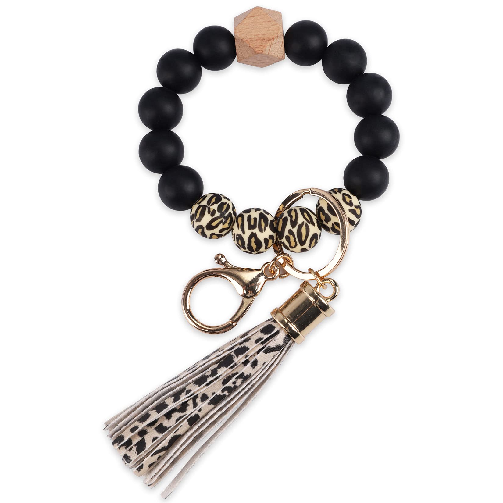 GIEMSON Silicone Key Ring Bracelets Wristlet Keychain Car Beaded Key Ring Bangle Chains for Women（Leopard）