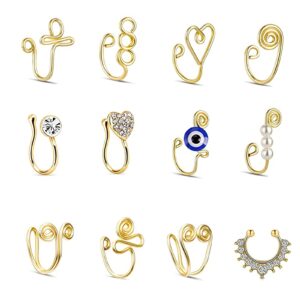 12 pcs african nose cuff non piercing，fake nose ring for women, nose rings hoop, nose ring cuff heart, clip on nose ring