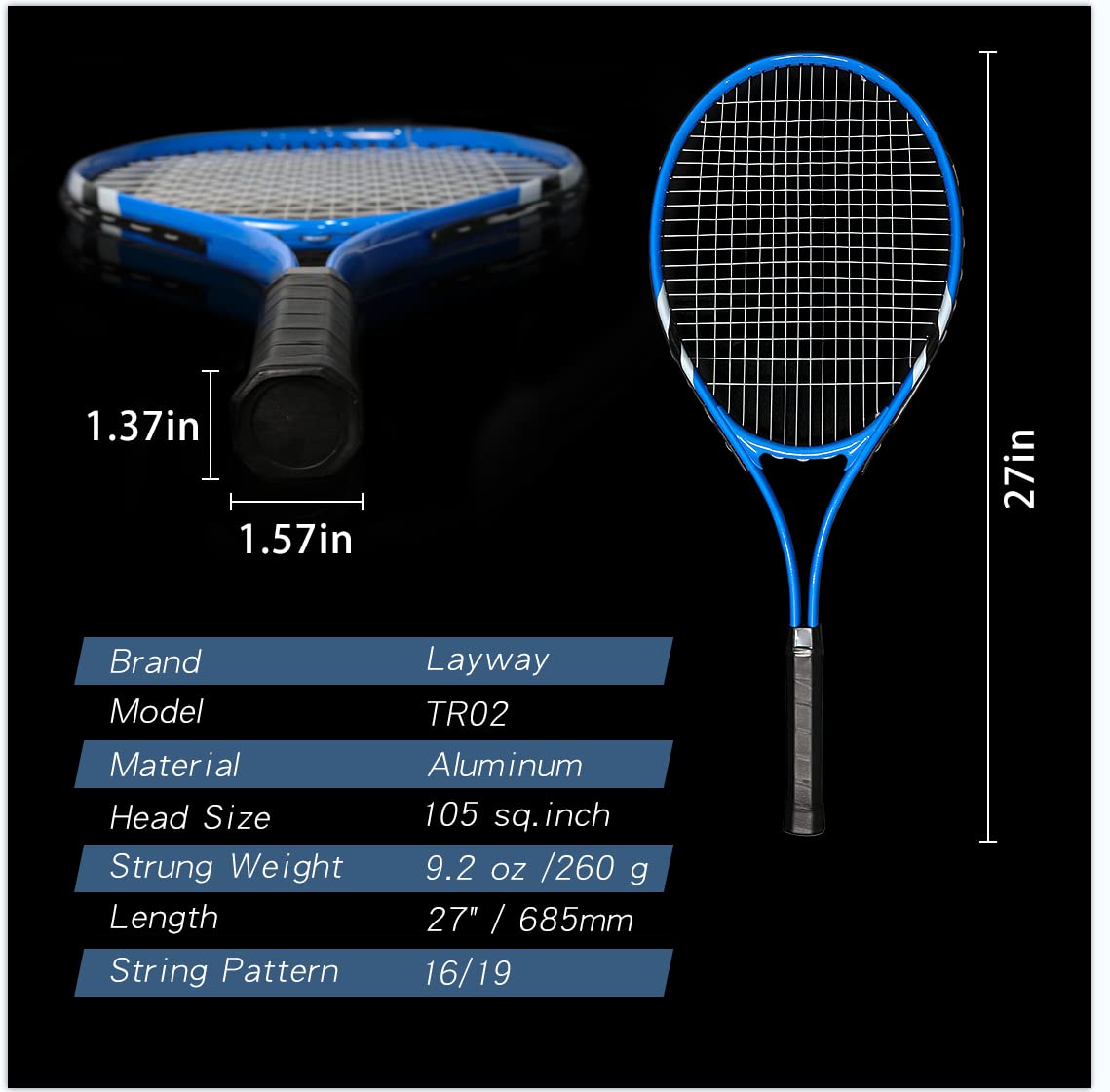 Layway Tennis Rackets 2 Players Recreational for Beginners ,Pre-Strung 27 Inch Light Adult Racquet Set for Women Men with Tennis Balls,Overgrips and Carry Bag (Blue)