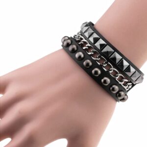 Perfect 4U Rivet Bracelet Multilayer Black Leather Cuff Heart Pendant Bangle Studded Chain Wrist Punk Sports Rock Bracelet Adjustable (Black Heart)