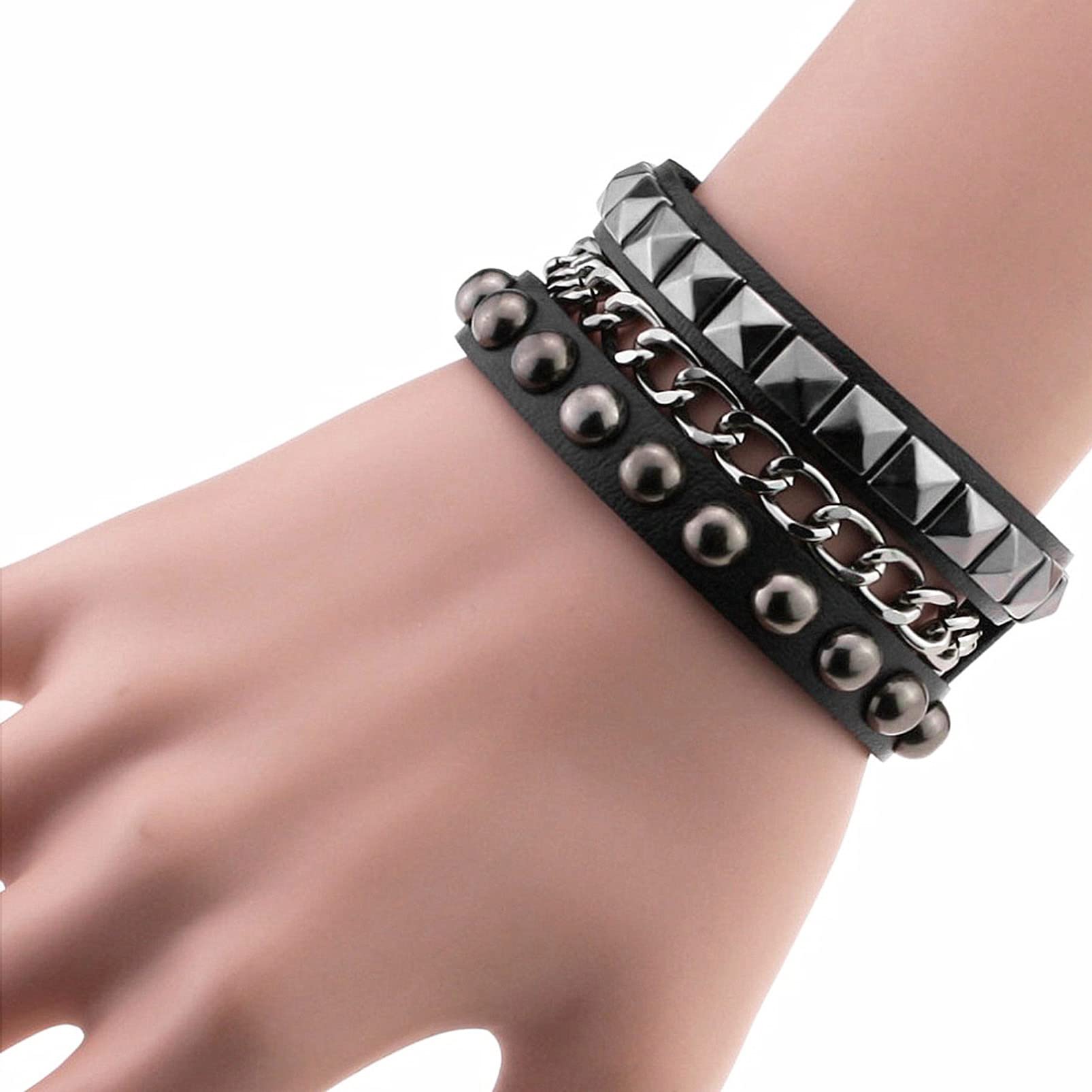 Perfect 4U Rivet Bracelet Multilayer Black Leather Cuff Heart Pendant Bangle Studded Chain Wrist Punk Sports Rock Bracelet Adjustable (Black Heart)