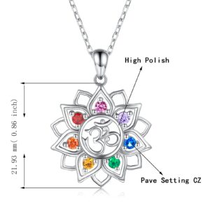 Chakra Yoga Lotus Flower Necklace 925 Sterling Silver Om Ohm Symbol Crystal Pendant Necklace Spiritual Jewelry Gift for Women (Chakra Lotus Flower Necklace)