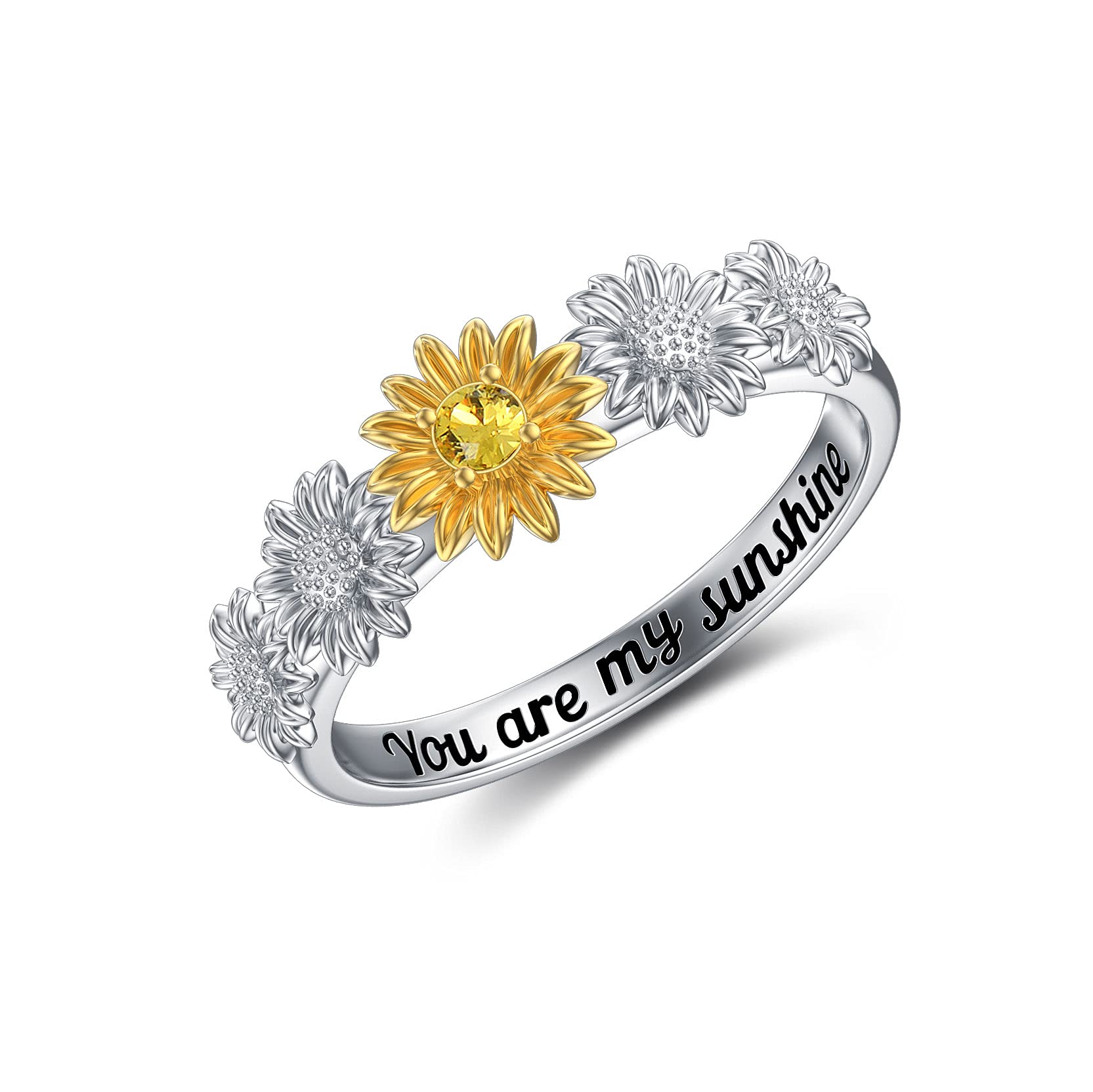 Sunflower Ring Sterling Silver You Are My Sunshine Band Ring with Crystal Promise Ring Gift for Women Teen Girl (7)