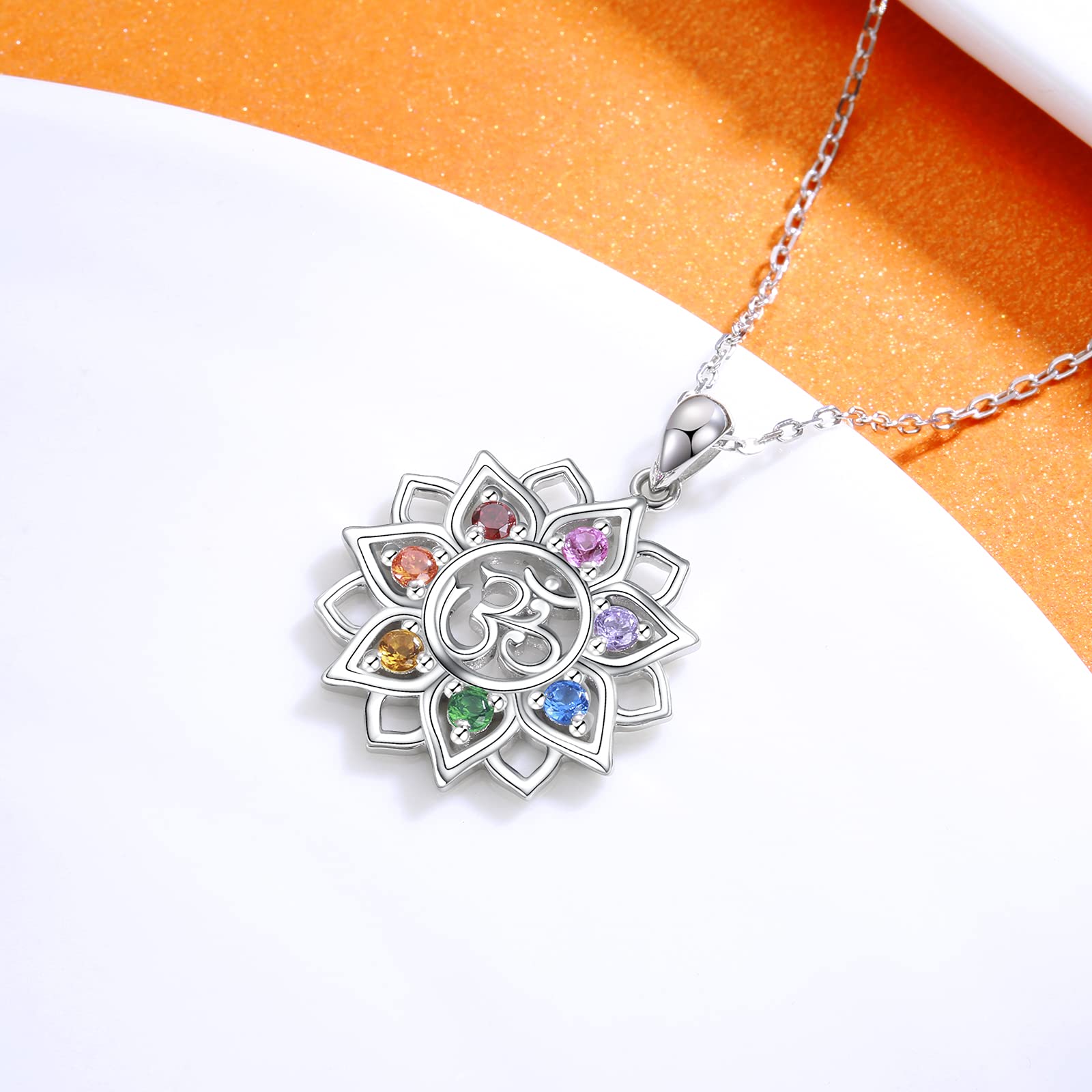 Chakra Yoga Lotus Flower Necklace 925 Sterling Silver Om Ohm Symbol Crystal Pendant Necklace Spiritual Jewelry Gift for Women (Chakra Lotus Flower Necklace)