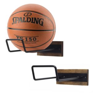 mygift black metal multi sports ball storage rack with burnt wood wall mount backing, exercise ball, medicine ball, basketball display holders, set of 2