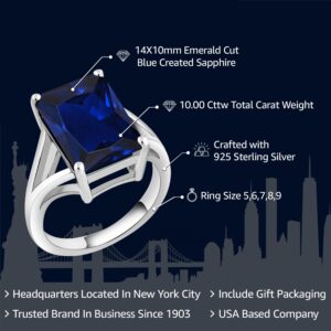 Gem Stone King 10.00 Cttw Blue Created Sapphire Solitaire Ring For Women In 925 Sterling Silver | Emerald Cut 14X10MM | Available In Size 5, 6, 7, 8, 9