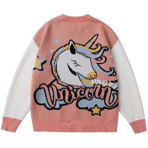 PENNY73 Cartoon Unicorn Print Sweater Long Sleeve Matching Couples Sweatshirt Warm for Autumn and Winter,Pink,M(162cm60kg)