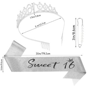 16th Birthday Tiara and Sash Kit- Silver "Sweet 16"Birthday Decorations 16th Birthday Party Gifts Birthday Party Supplies for Girls (silver)