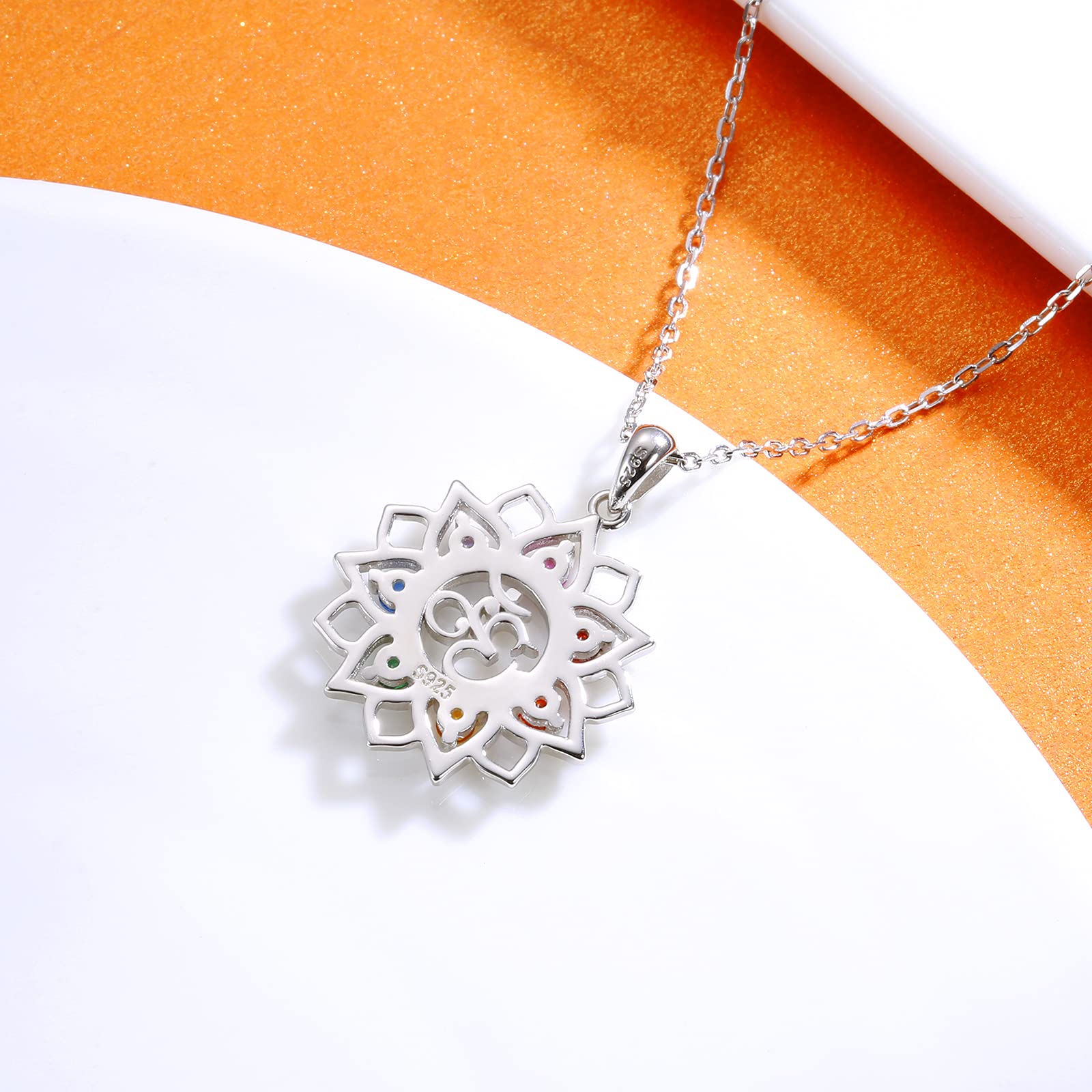 Chakra Yoga Lotus Flower Necklace 925 Sterling Silver Om Ohm Symbol Crystal Pendant Necklace Spiritual Jewelry Gift for Women (Chakra Lotus Flower Necklace)