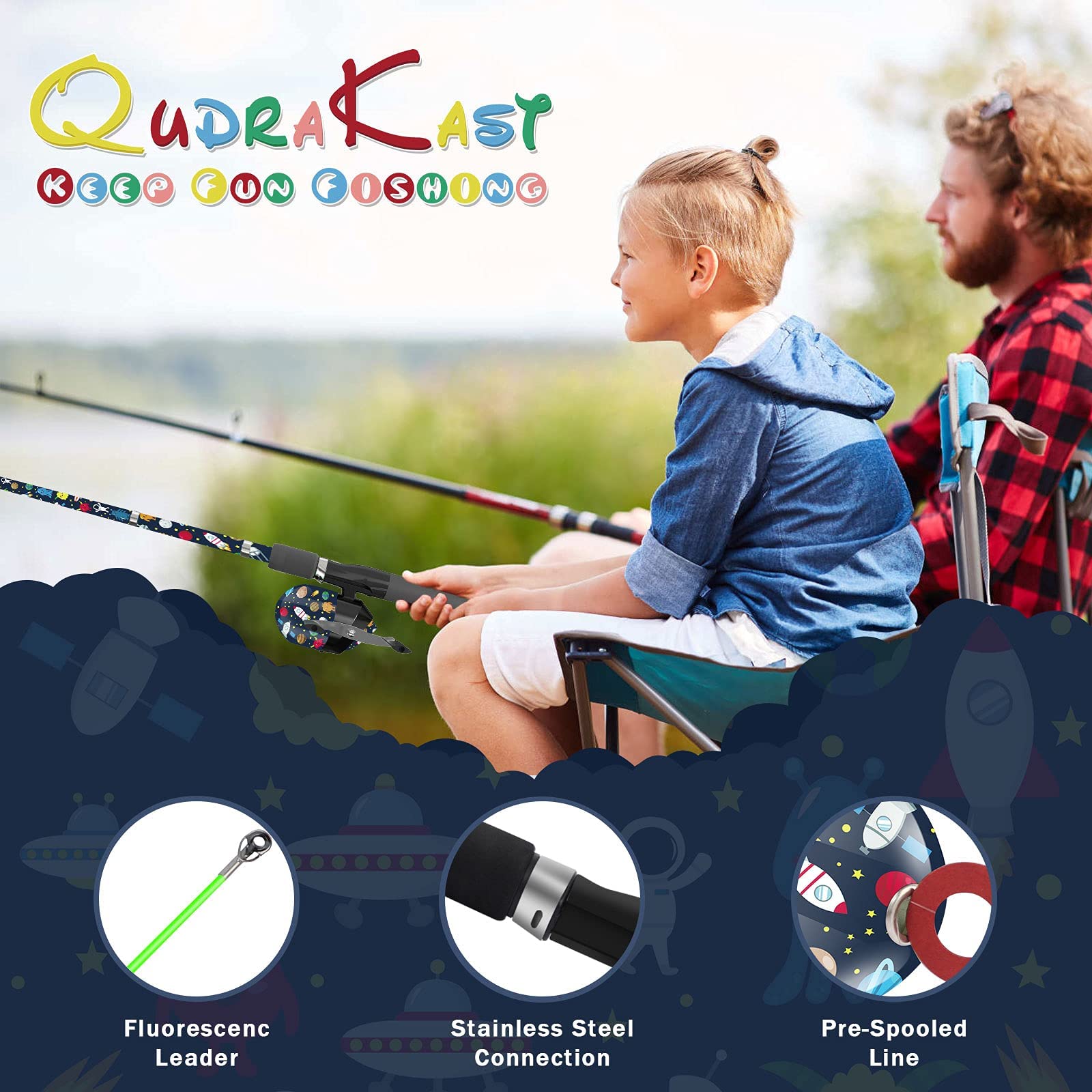 QudraKast Kids Fishing Poles for Boys Girls Under 10, Portable Telescopic Fishing Rod and Reel Combo kit with Spincast Fishing Reel Tackle Box, Universe Travel Pattern