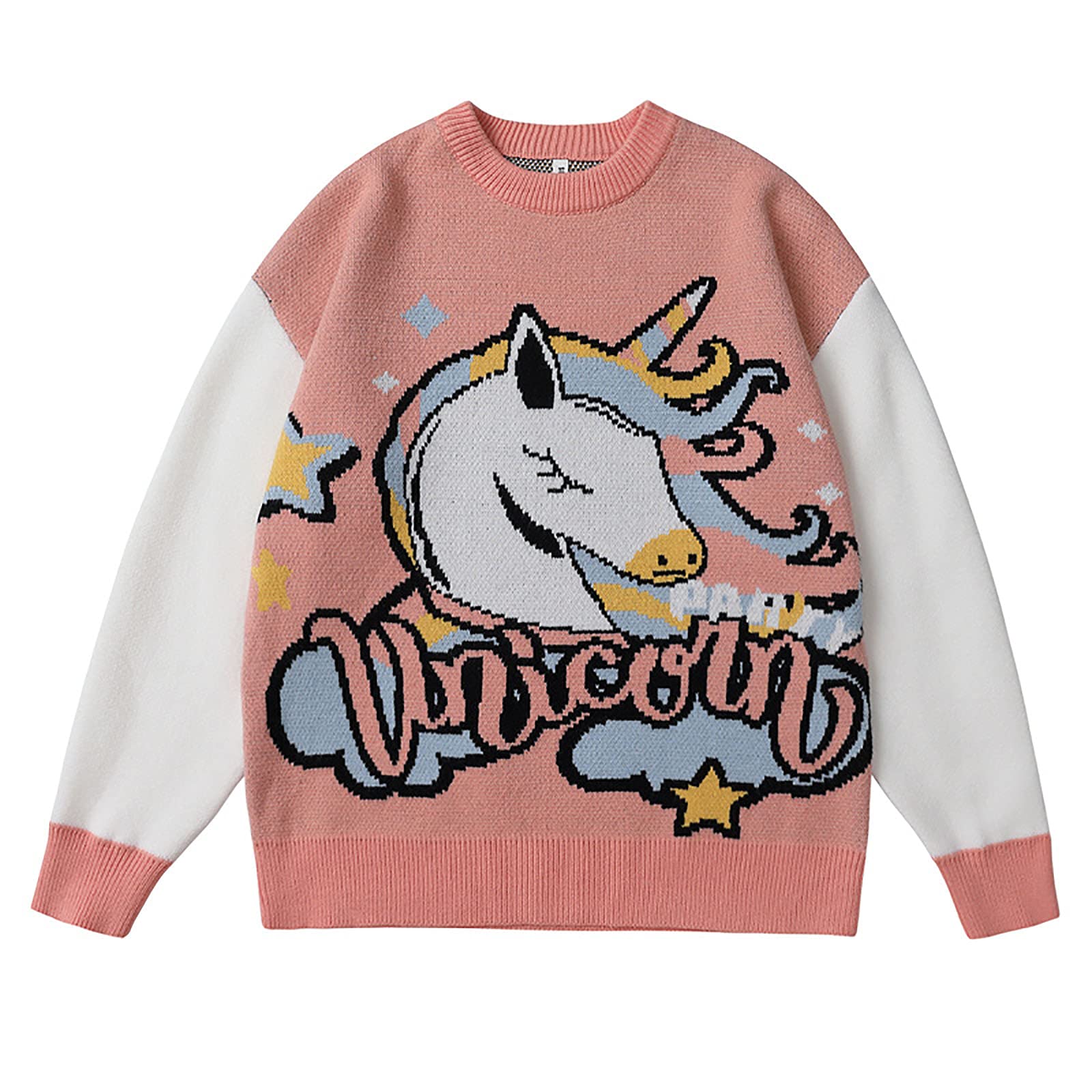 PENNY73 Cartoon Unicorn Print Sweater Long Sleeve Matching Couples Sweatshirt Warm for Autumn and Winter,Pink,M(162cm60kg)