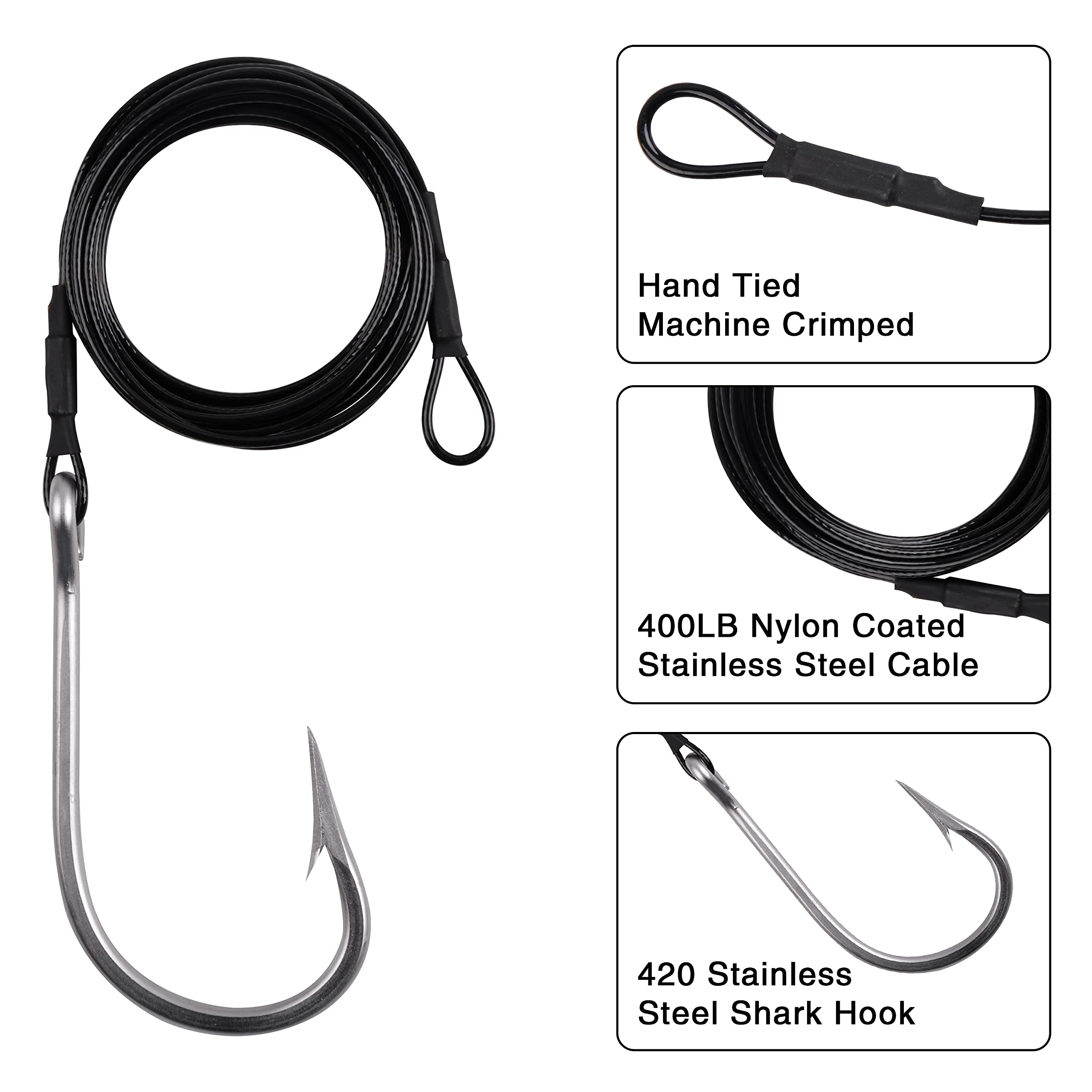 Fishing Shark Rig Big Game Stainless Steel Fishing Hooks with 400lb Nylon Coated Cable Leader Rigging Surf Shark Fishing Rigs for Shark Tuna Saltwater Fishing