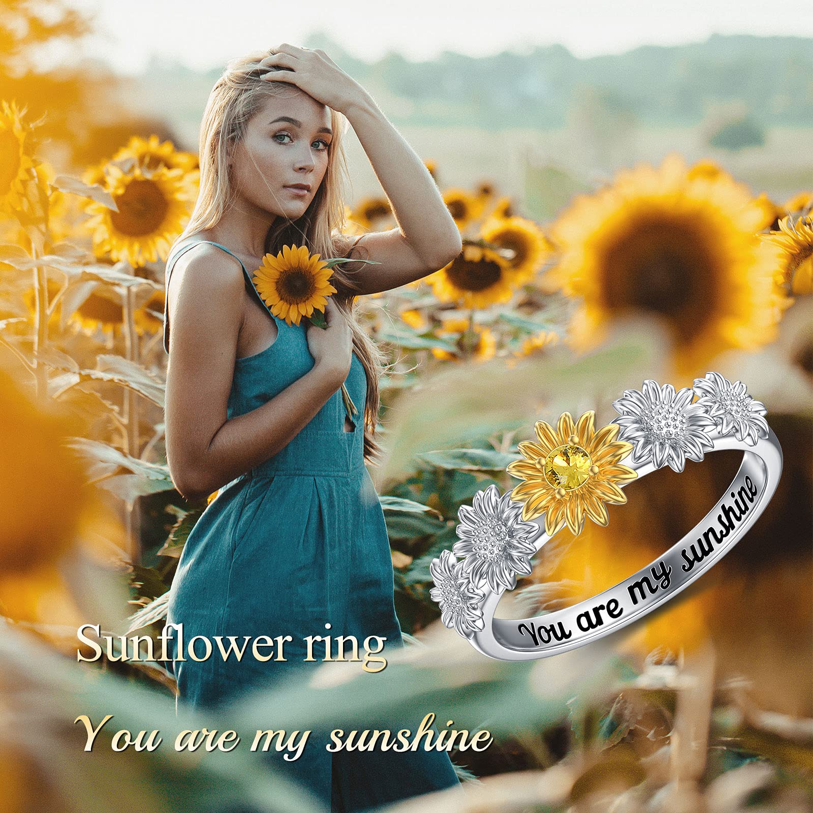 Sunflower Ring Sterling Silver You Are My Sunshine Band Ring with Crystal Promise Ring Gift for Women Teen Girl (7)