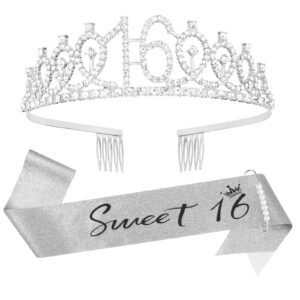 16th birthday tiara and sash kit- silver "sweet 16"birthday decorations 16th birthday party gifts birthday party supplies for girls (silver)