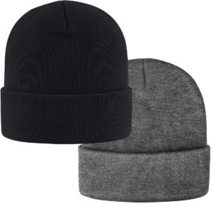 2-pack men's standard daily beanie hat classic cuffed plain skull knit winter cap for men & women warm snug slouchy soft headwear unisex (black&dark grey 2pcs)