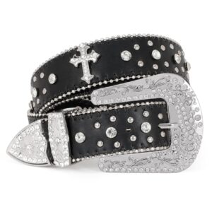 women men rhinestone belt,fashion western cowgirl cowboy bling studded cross leather belt diamond belt for jeans dress,black,s,