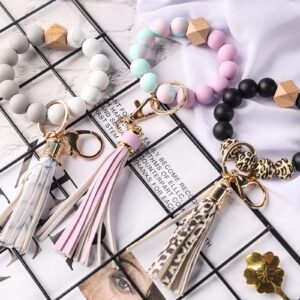 GIEMSON Silicone Key Ring Bracelets Wristlet Keychain Car Beaded Key Ring Bangle Chains for Women（Leopard）