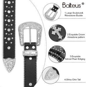 Women Men Rhinestone Belt,Fashion Western Cowgirl Cowboy Bling Studded Cross Leather Belt Diamond Belt for Jeans Dress,Black,S,