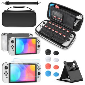 yuanhot accessories bundle compatible with switch oled including carrying case bag, protective case cover, tempered glass screen protector, holder stand, 12 game slots and 8 thumb grip caps – black