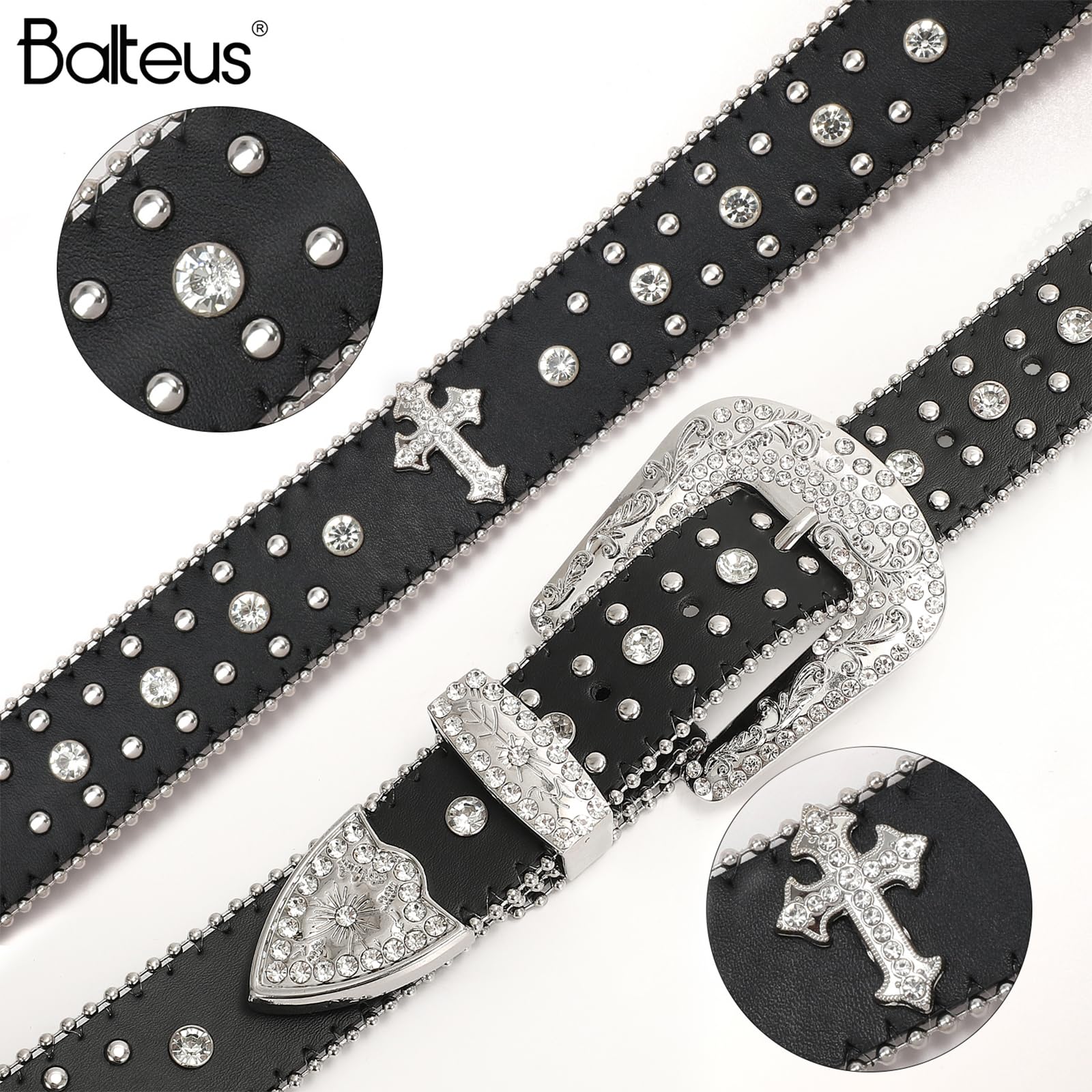 Women Men Rhinestone Belt,Fashion Western Cowgirl Cowboy Bling Studded Cross Leather Belt Diamond Belt for Jeans Dress,Black,S,