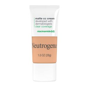 neutrogena clear coverage flawless matte cc cream, full-coverage color correcting cream face makeup with niacinamide (b3), hypoallergenic, oil free & fragrance free, butter, 1 oz