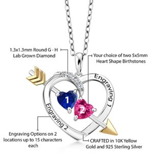 Gem Stone King 925 Silver and 10K Yellow Gold Customized and Personalized Double Heart Shape Gemstone Birthstone and White Lab Grown Diamond Name Engraved Pendant Necklace For Women with 18 Inch Chain