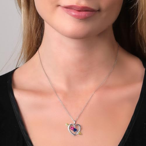 Gem Stone King 925 Silver and 10K Yellow Gold Customized and Personalized Double Heart Shape Gemstone Birthstone and White Lab Grown Diamond Name Engraved Pendant Necklace For Women with 18 Inch Chain