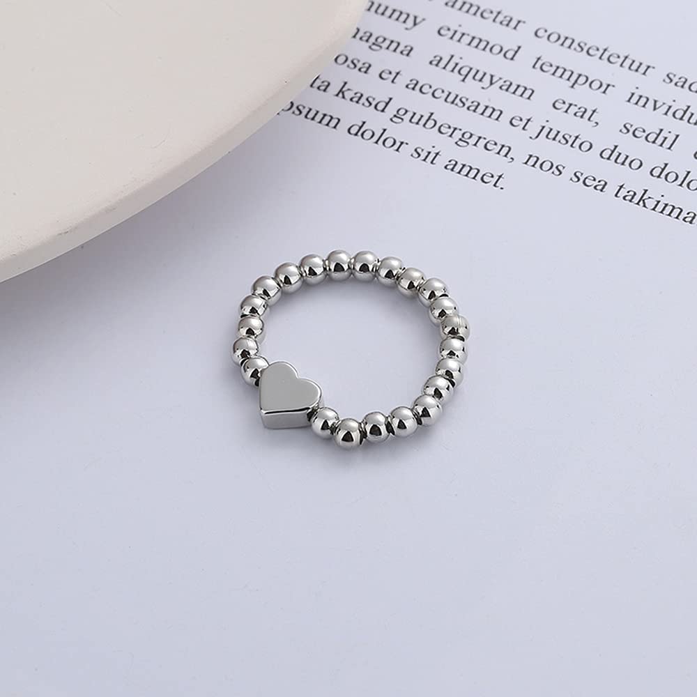 Minimalist Heart Shaped Statement Ring Small Bead Ball Spinning Fidget Anxiety Worry Tail Finger Band Love Endless Promise Engagement Wedding Band Rings Fashion Jewelry Birthday Gifts for Women Teen