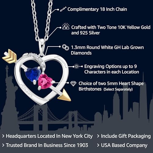 Gem Stone King 925 Silver and 10K Yellow Gold Customized and Personalized Double Heart Shape Gemstone Birthstone and White Lab Grown Diamond Name Engraved Pendant Necklace For Women with 18 Inch Chain