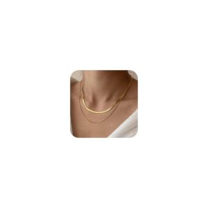 tewiky 14k gold plated herringbone layered necklace set - dainty chain choker for women and women