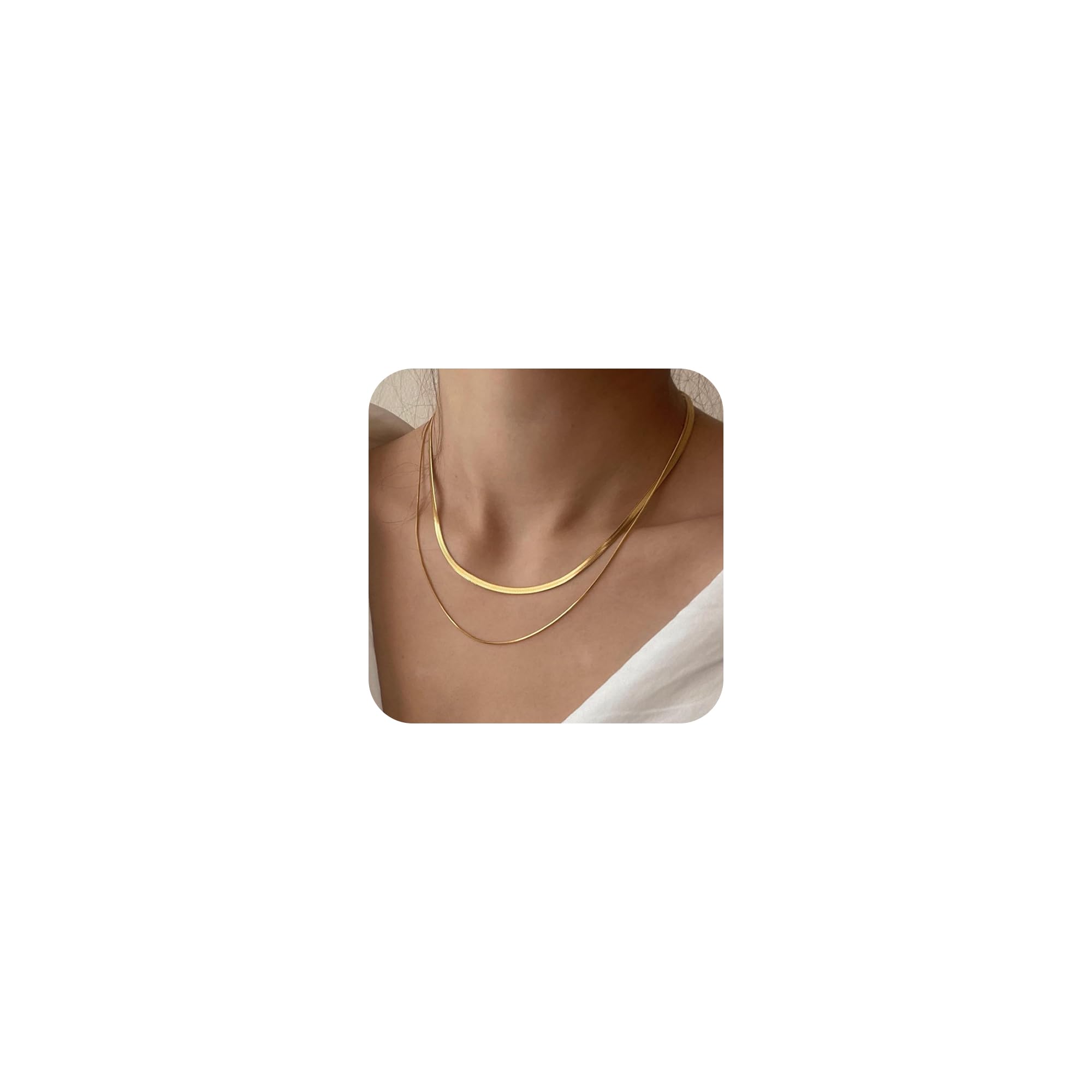 Tewiky 14k Gold Plated Herringbone Layered Necklace Set - Dainty Chain Choker for Women and Women