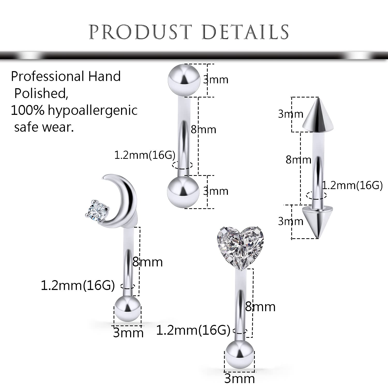 Hoeudjo 12Pcs 16G Stainless Steel Rook Daith Earrings for Women Small Belly Rings Vertical Lip Stud Surface Tragus Body Piercing Jewelry Curved Barbell Eyebrow Rings for Men