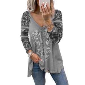 mayntop womens tops shirt flower graphic striped aztec paisley pattern print ethnic long sleeve plus size v-neck button loose blouse(a gray,5xl)