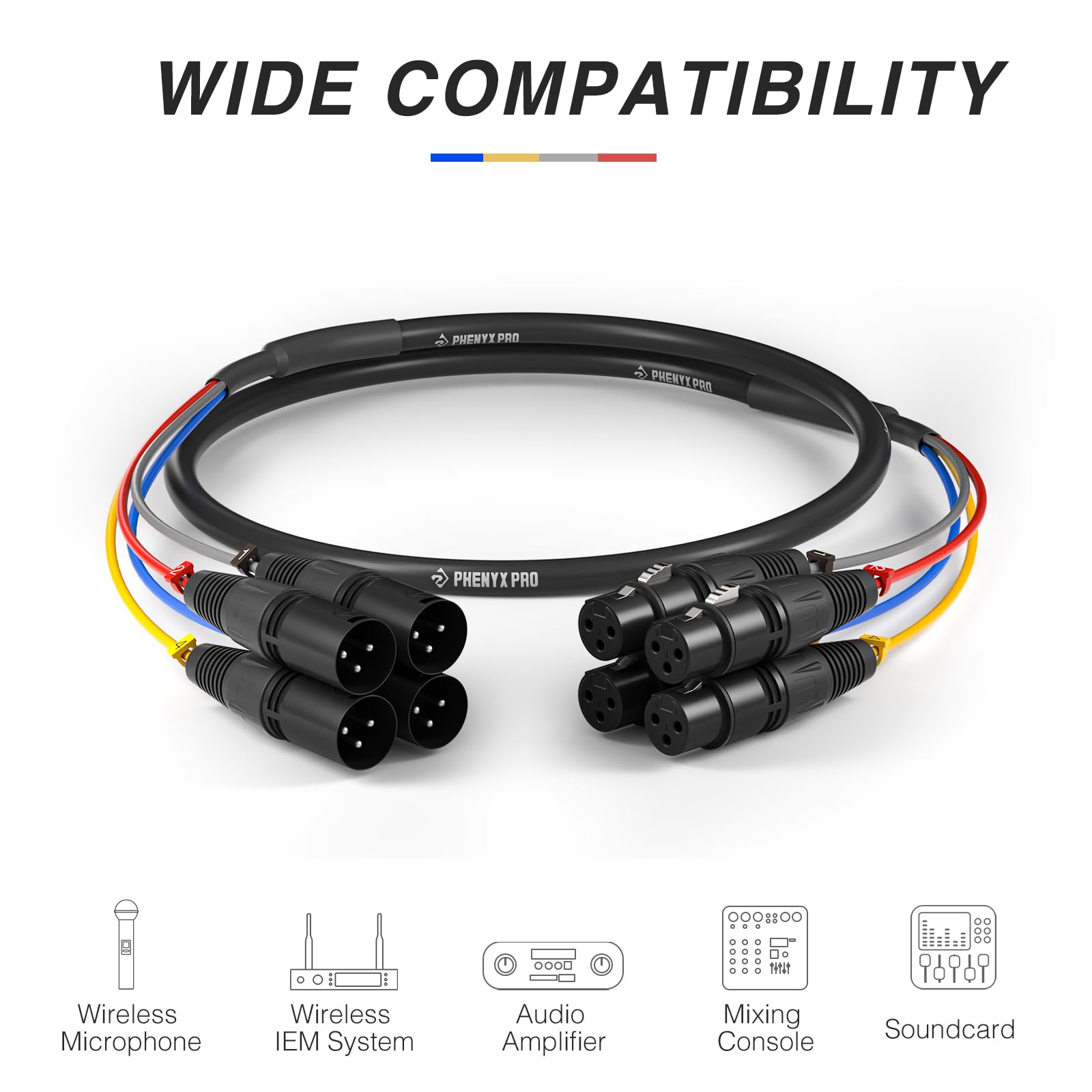 Phenyx Pro 3Ft XLR Snake Cable, Color-Coded XLR to XLR Patch Cable, 4- Channel Male to Female XLR Cable w/OFC Copper, Balanced Microphone Cable for Mixers, IEM & Mic Systems