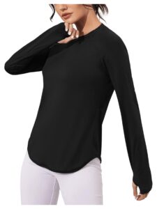 makemechic women's long sleeve workout tops lightweight spf yoga tops tee shirts black l