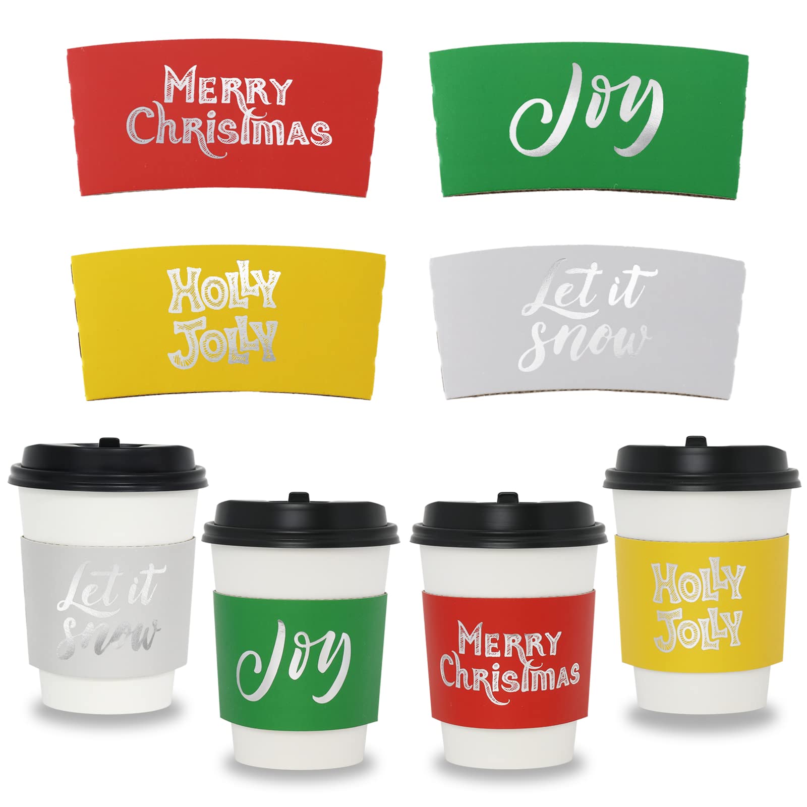 Whaline 40Pcs Christmas Coffee Tea Cup Sleeves Bronzing Silver Red Green Yellow Cup Sleeves for 12 and 16oz Disposable Cup Jacket for Hot Chocolate Cocoa Cold Beverage, 4 Design (No Cups Included)