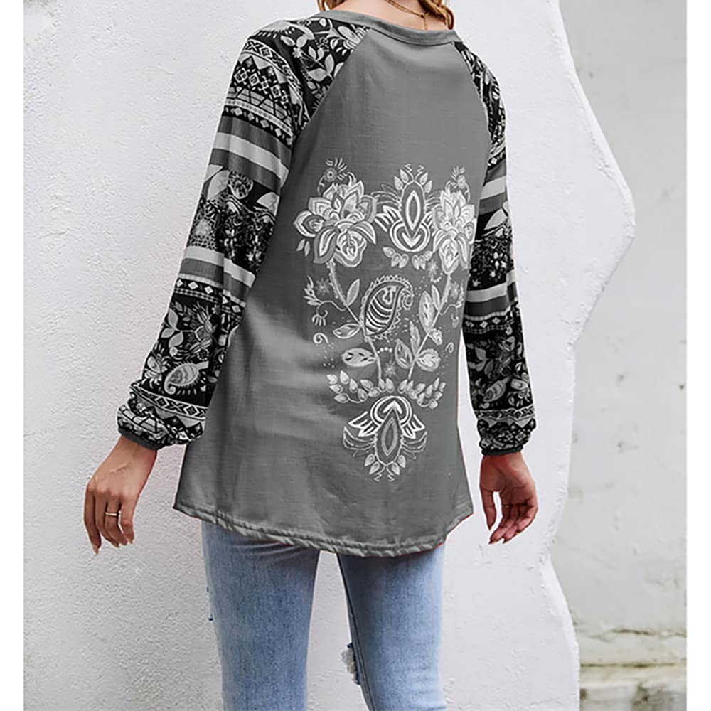 Mayntop Womens Tops Shirt Flower Graphic Striped Aztec Paisley Pattern Print Ethnic Long Sleeve Plus Size V-Neck Button Loose Blouse(A Gray,5XL)