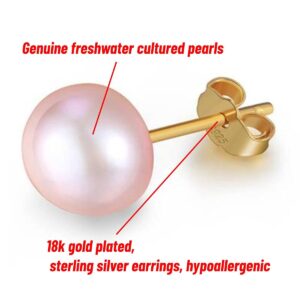 pink pearl 18K Gold stud Earrings for women Ladies Girl，Handpicked Genuine Freshwater aquaculture Cultured AAAA+ Pearls (pink-8mm)