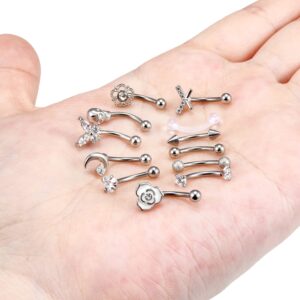 Hoeudjo 12Pcs 16G Stainless Steel Rook Daith Earrings for Women Small Belly Rings Vertical Lip Stud Surface Tragus Body Piercing Jewelry Curved Barbell Eyebrow Rings for Men