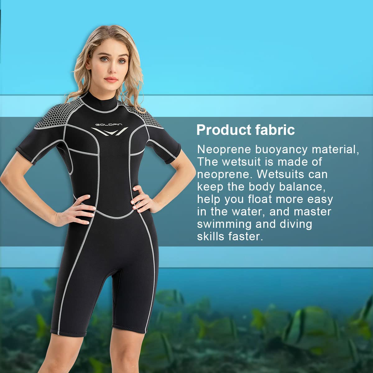 GoldFin Women Shorty Wetsuit, 3mm Neoprene Wet Suits Back Zip Surfing Diving Swimming Snorkeling