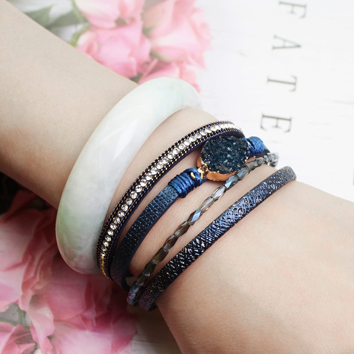 LightOnIt Leather Wrap Boho Bracelets for Women Blue Stone Crystal Braclet Birthday Gift Bohemian Trendy Layered Bracelet with Magnetic Clasp