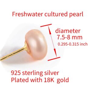 pink pearl 18K Gold stud Earrings for women Ladies Girl，Handpicked Genuine Freshwater aquaculture Cultured AAAA+ Pearls (pink-8mm)