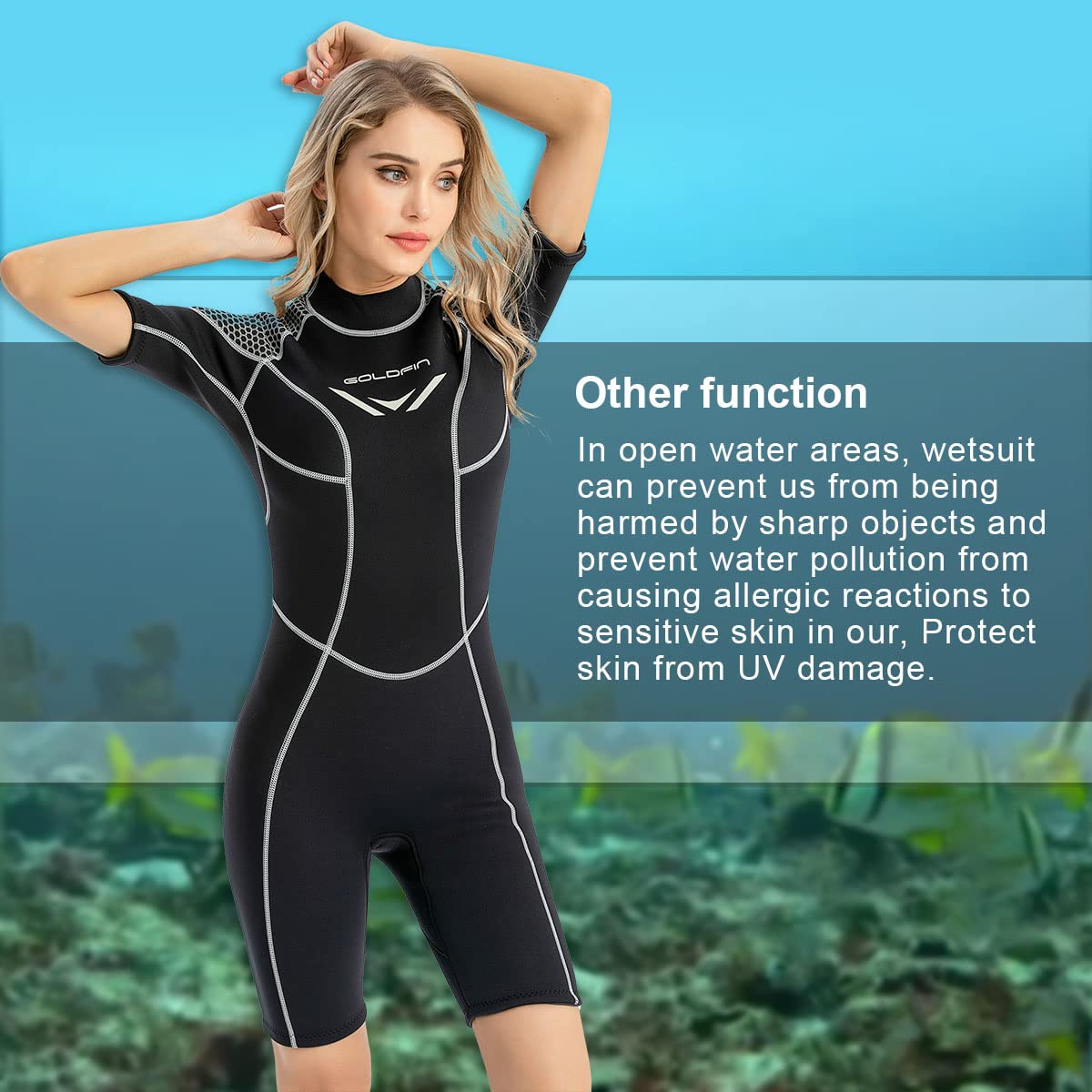 GoldFin Women Shorty Wetsuit, 3mm Neoprene Wet Suits Back Zip Surfing Diving Swimming Snorkeling