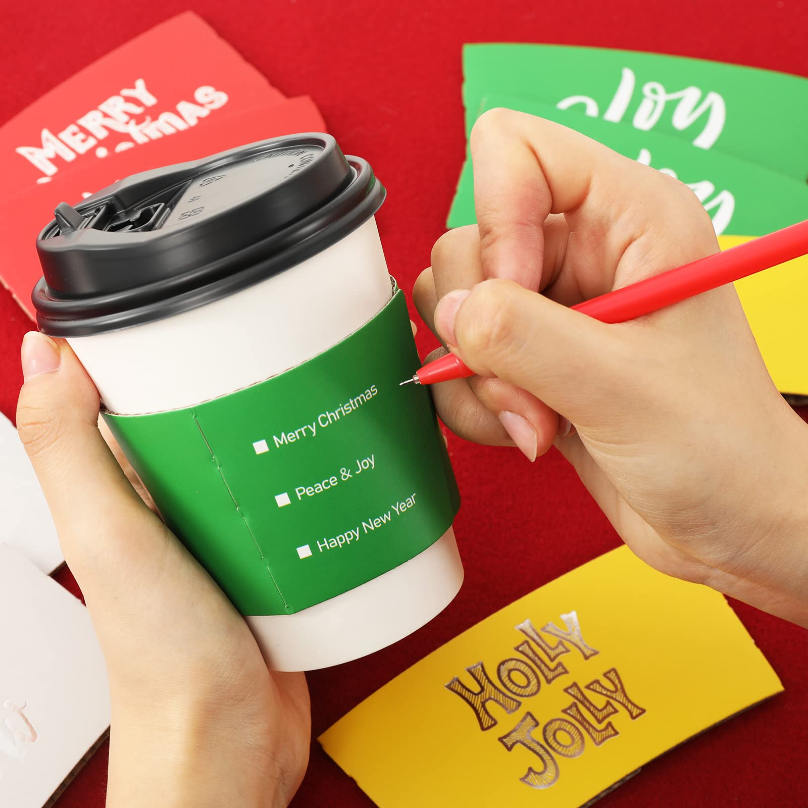 Whaline 40Pcs Christmas Coffee Tea Cup Sleeves Bronzing Silver Red Green Yellow Cup Sleeves for 12 and 16oz Disposable Cup Jacket for Hot Chocolate Cocoa Cold Beverage, 4 Design (No Cups Included)