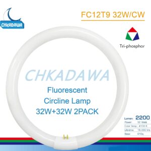 CHKADAWA FC12T9/CW 32W Cool White Round Fluorescent Light Bulb, 12 Inch T9 32 Watts Circular Bulbs, 12'' FCL 32 Circline Bulb 4100K 841, G10q 4 Pin Prong Base, 2 Pack