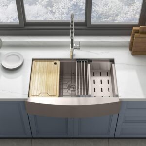 sinber 33" x 21" x 10" farmhouse apron single bowl workstation kitchen sink with 16 gauge 304 stainless steel satin finish 6 accessories kss0004s-ok