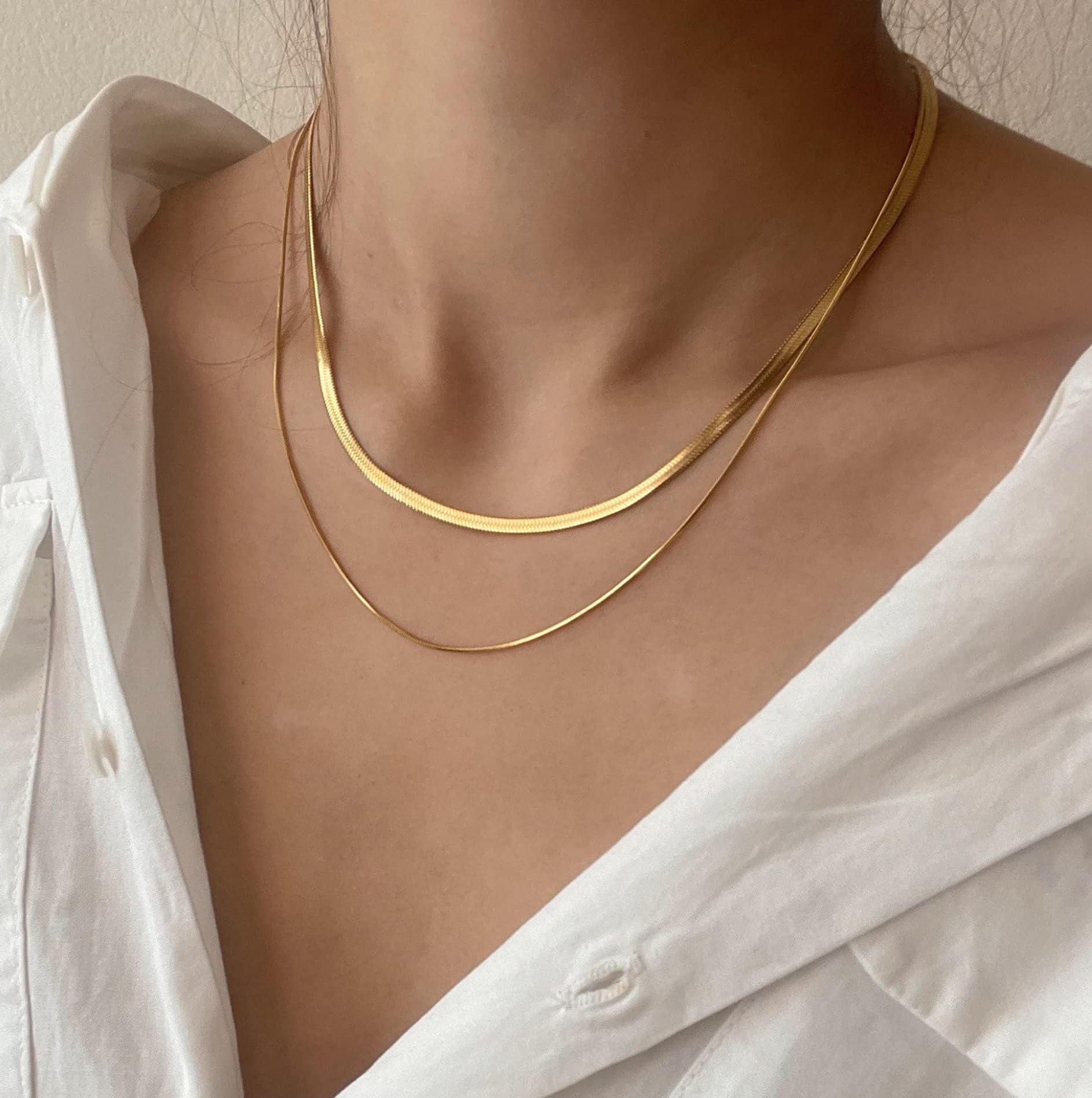 Tewiky 14k Gold Plated Herringbone Layered Necklace Set - Dainty Chain Choker for Women and Women