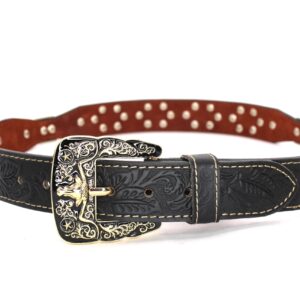 West Star Texas Mens Women Western Cowboy Thick Leather Belt Longhorn Horse Rooster Cowboy Prayer Sheriff Star Emblem 111E Rooster BK Floral L