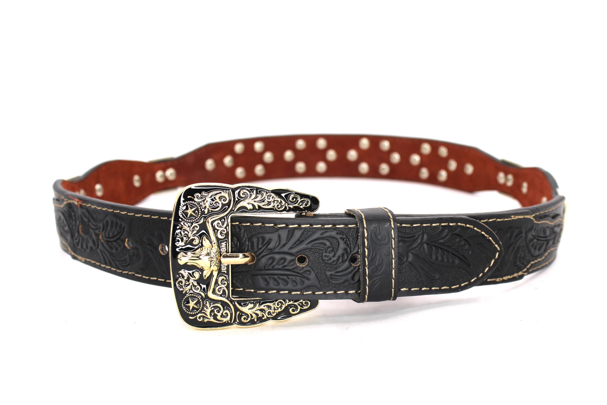 West Star Texas Mens Women Western Cowboy Thick Leather Belt Longhorn Horse Rooster Cowboy Prayer Sheriff Star Emblem 111E Rooster BK Floral L